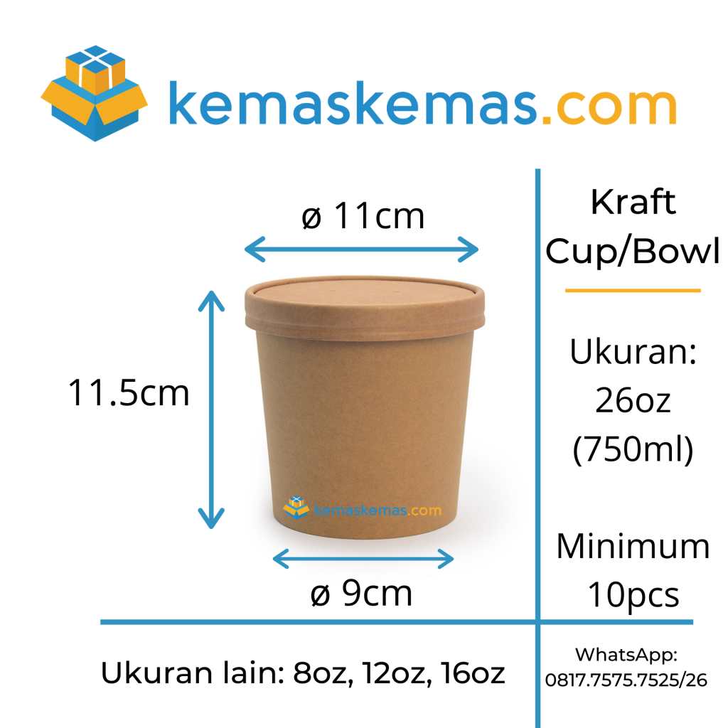 Brown Kraft Paper Cup 26oz + Lid penutup / Food Grade Soup Cup + Lid ...